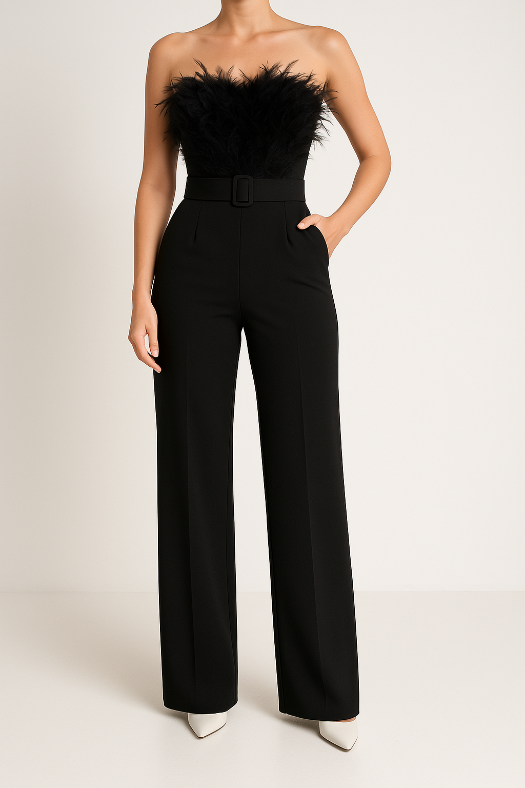 Women's Jumpsuit - Strapless Feather Bodice - Belted Waist - Wide Leg ...
