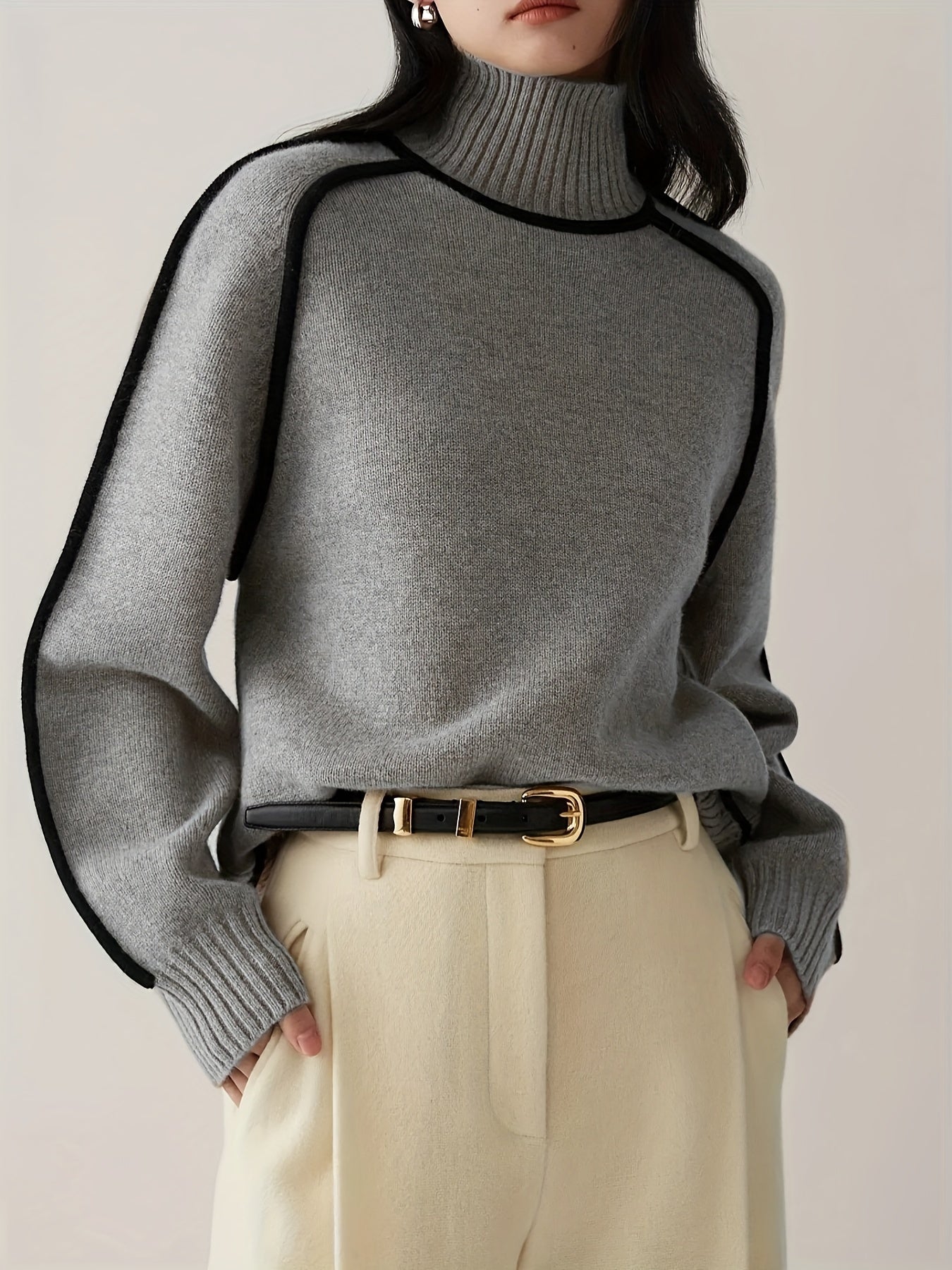 High-neck knit sweater with outlined design and long sleeves for women ...